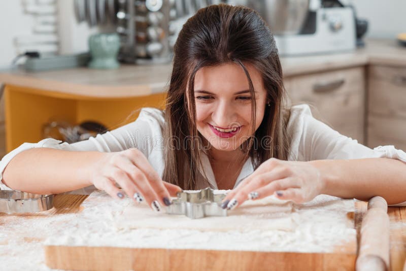 Woman Baking Cookie Cutter Pastry Dough Utensils Stock Image - Image of ...