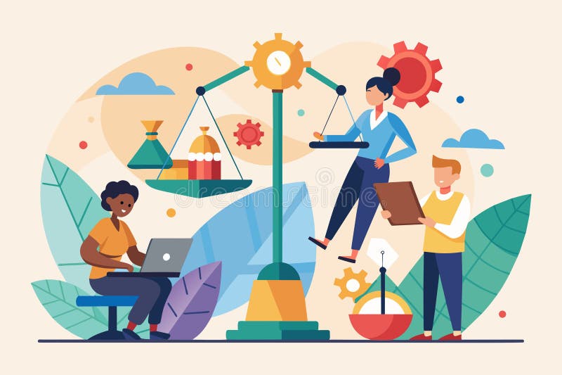 A Woman is Balancing on a Scale while Two Men Focus on Laptops in a ...