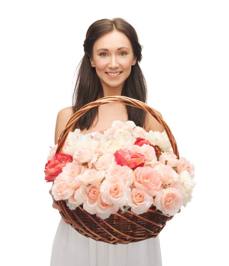 Woman with Basket Full of Flowers Stock Image - Image of dress, florist ...