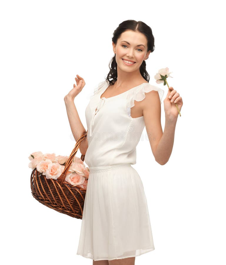 Woman with Basket Full of Flowers Stock Image - Image of beautiful ...