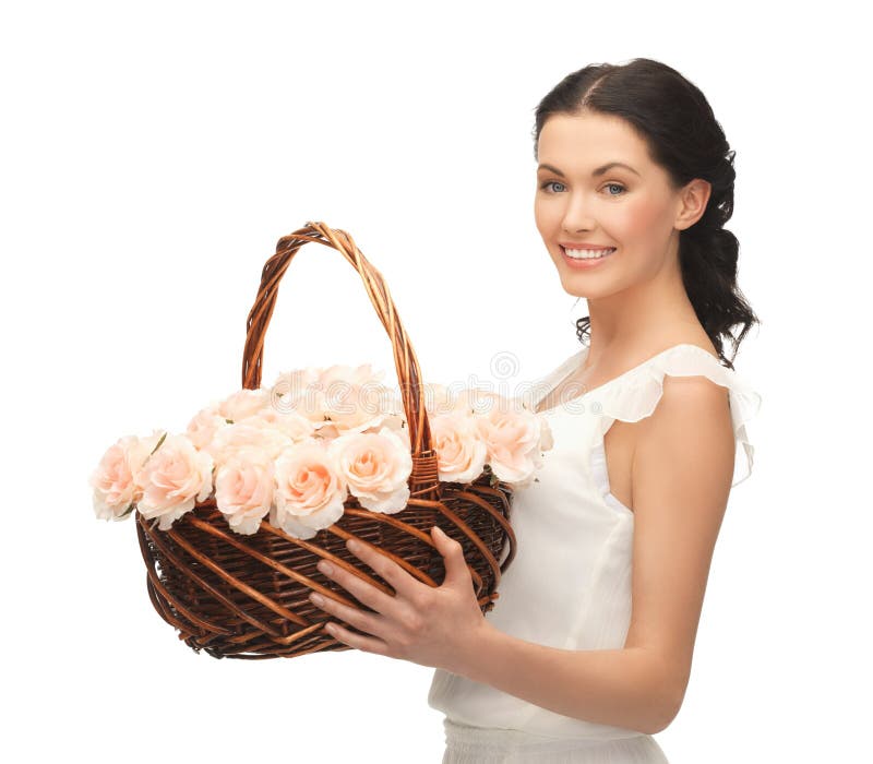 Woman with Basket Full of Flowers Stock Image - Image of bridal ...