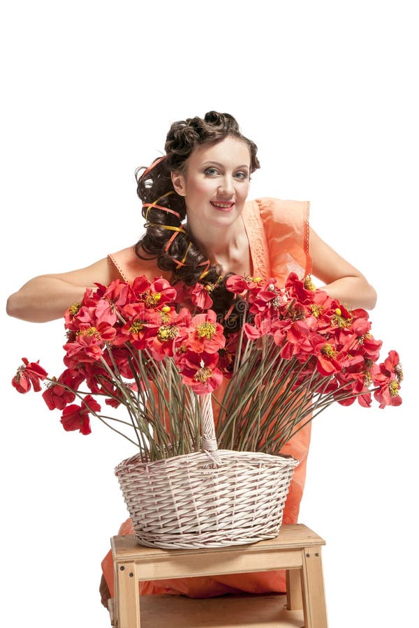 Woman with Basket Full of Flowers Stock Photo - Image of attractive ...