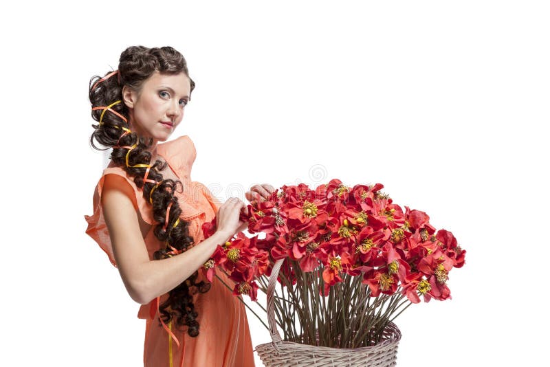 Woman with Basket Full of Flowers Stock Photo - Image of design ...