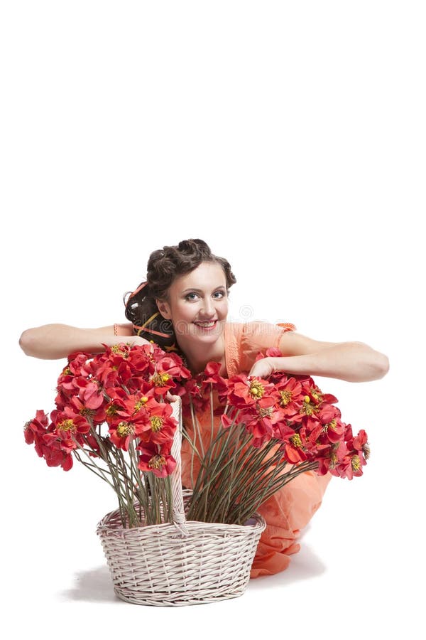 Woman with Basket Full of Flowers Stock Photo - Image of lady, floral ...
