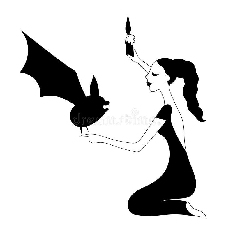 Woman with Bat and Candle . Vector Outline Drawing Image Silhouette ...