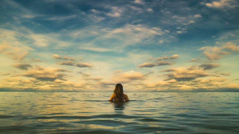 Woman Bathes in Clear Lake Back View. Generative AI Stock Illustration ...
