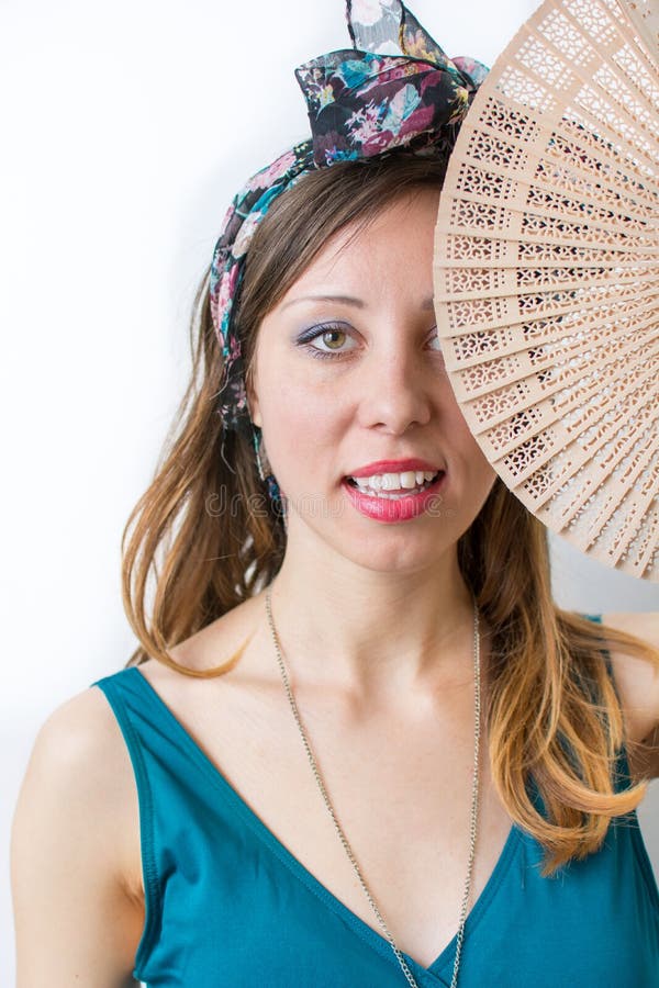 Woman in Bathing Suit Holding Hand Fan Stock Image - Image of female ...