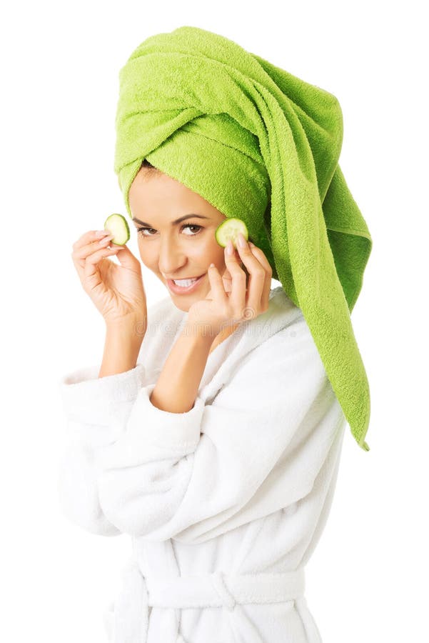 Woman in Bathrobe Applying Cucumber on Eyes Stock Image - Image of ...