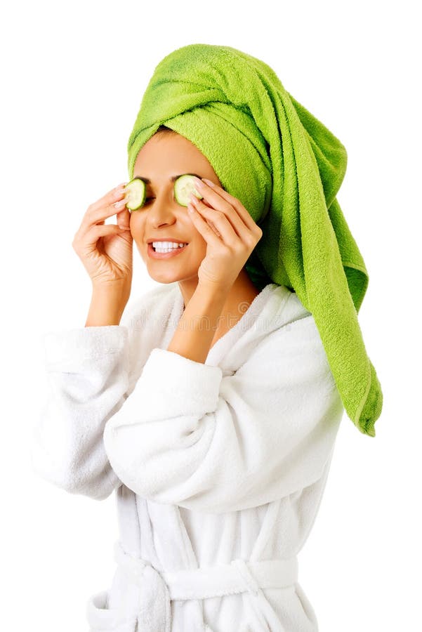 Woman in Bathrobe Applying Cucumber on Eyes Stock Image - Image of ...