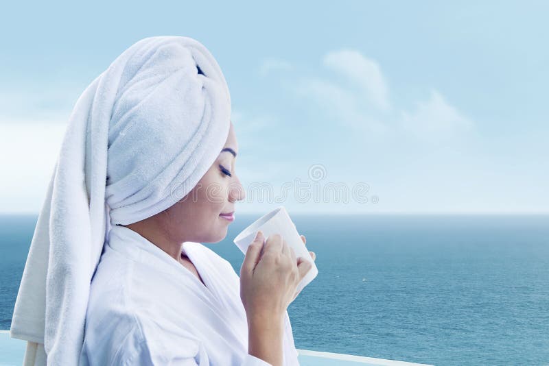 Woman in Bathrobe Drinking Coffee Stock Photo - Image of nature ...