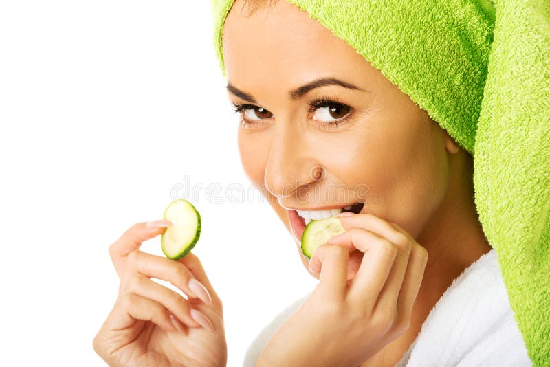 Woman in Bathrobe Eating Cucumber Stock Image - Image of freshness ...