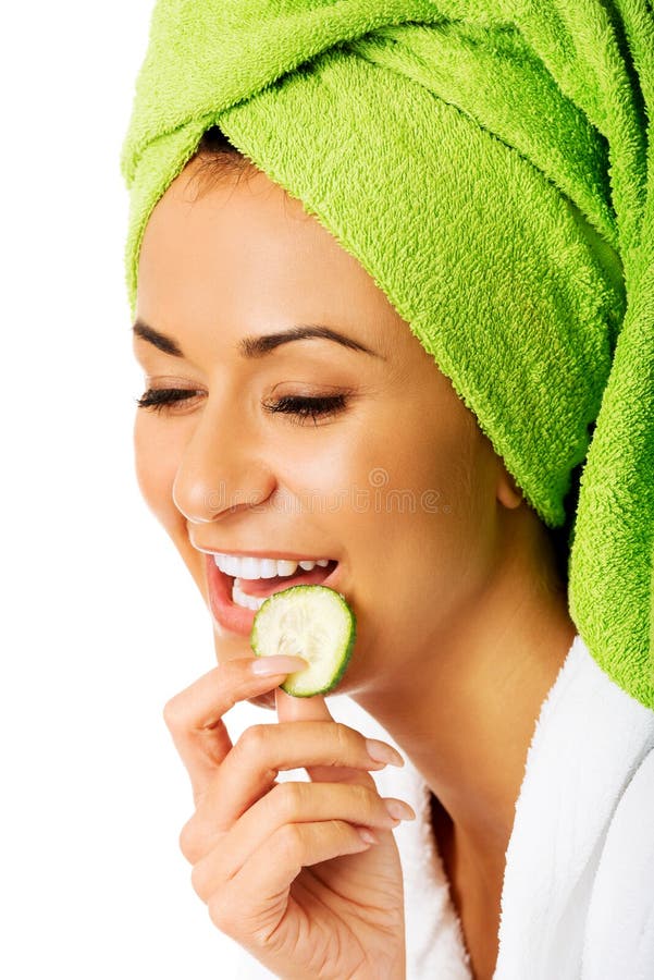 Woman in Bathrobe Eating Cucumber Stock Photo - Image of happy ...