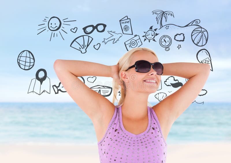 Woman on Beach with Holiday Graphics Drawings Stock Illustration ...