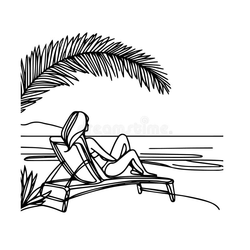 The Woman on the Beach, Line Art Stock Illustration - Illustration of ...