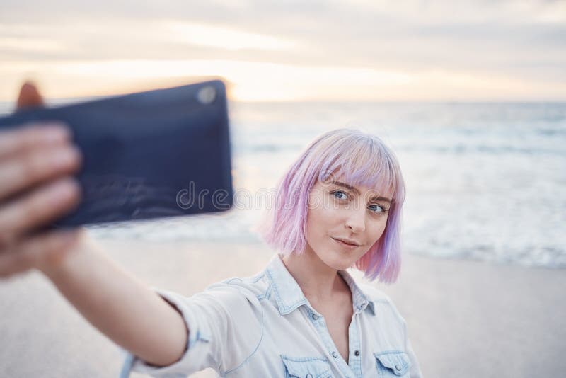 Woman Beach And Selfie For Profile Picture Vlog Or Social Media Post