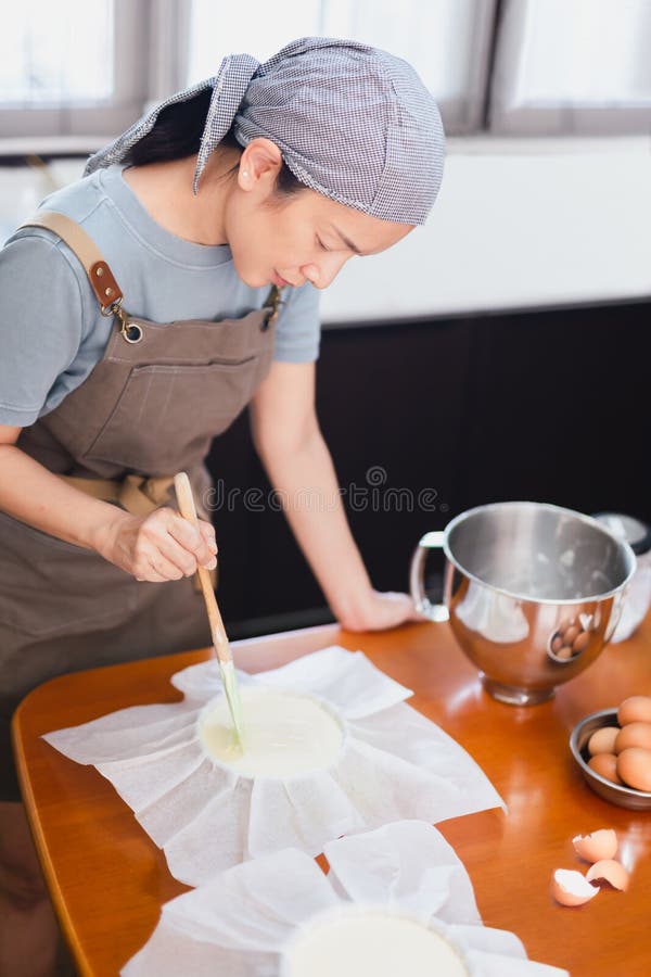 Woman Beaker Preparing Cake Mix Dough in Form for Baking Tin. Stock ...