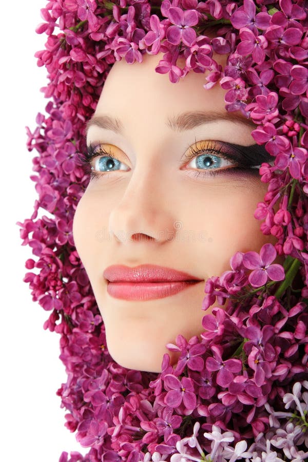 Woman Beautiful Face with Flower Lilac Border Stock Image - Image of ...