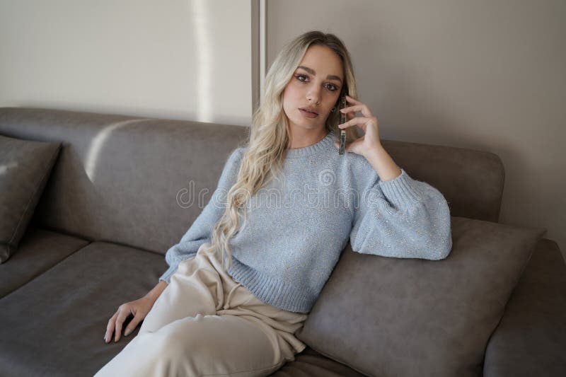 Woman with Beautiful Face at Home Speaking at Mobile Phone Stock Image ...