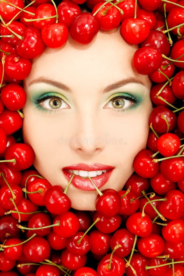 Beautiful Woman Face with Red Ripe Big Fresh Cherry Stock Photo - Image ...