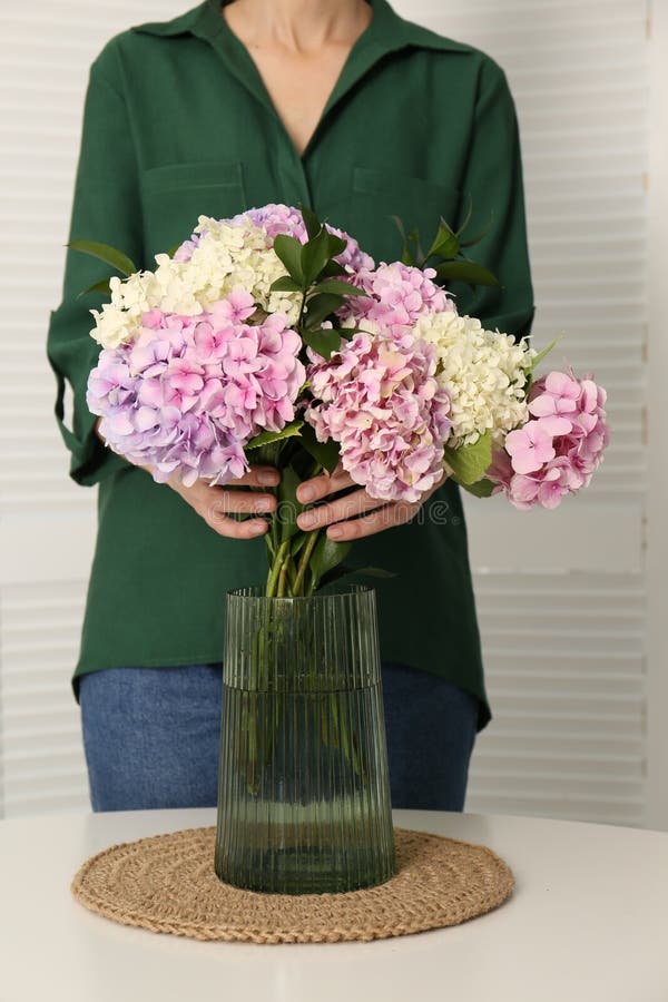 Woman with Beautiful Hydrangea Flowers at Table Indoors, Closeup ...