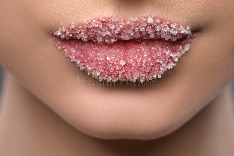 Woman with Beautiful Plump Lips Covered in Sugar, Closeup Stock Photo ...