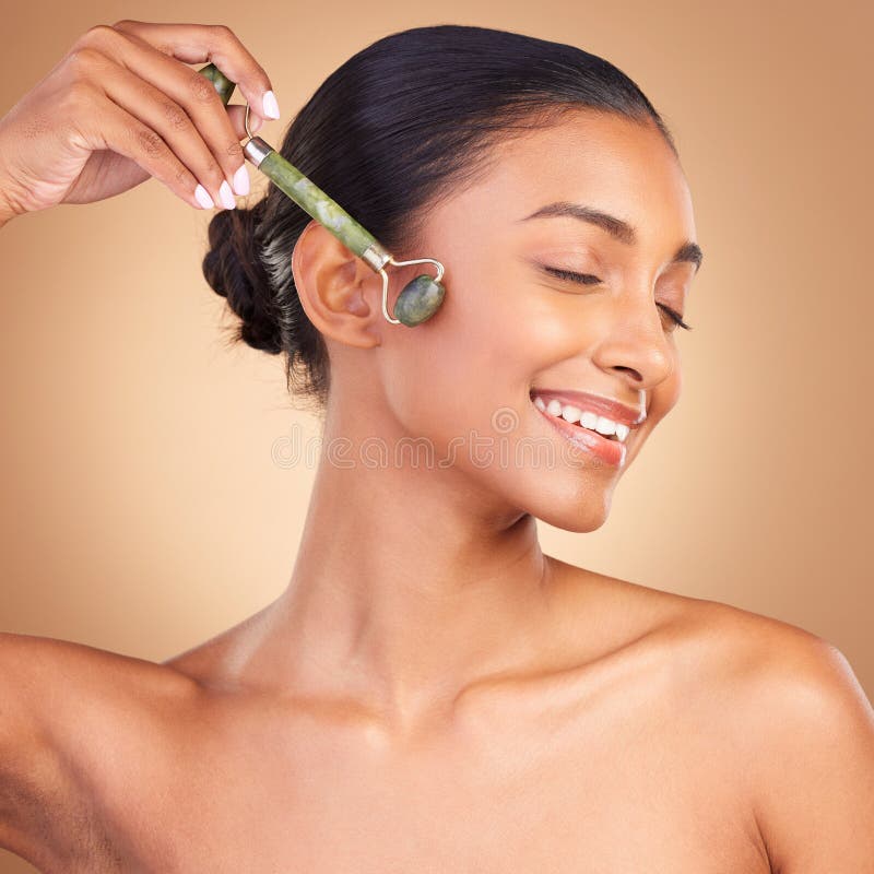 Woman Beauty And Derma Roller With Face Happy With Facial Massage And