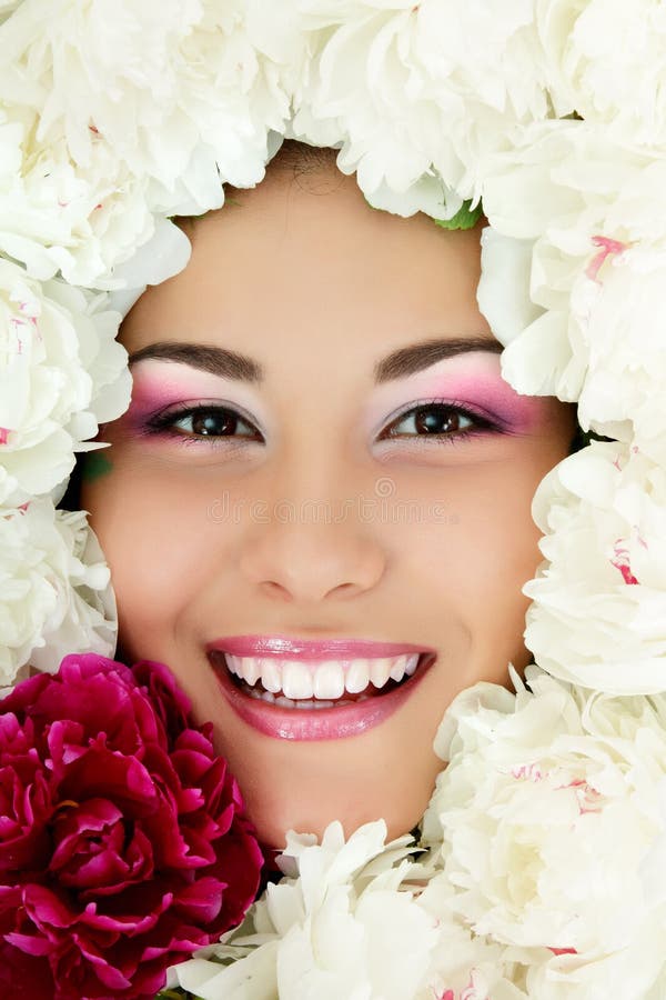 Woman Beauty Face with Flower Peony Frame on White Stock Image - Image ...