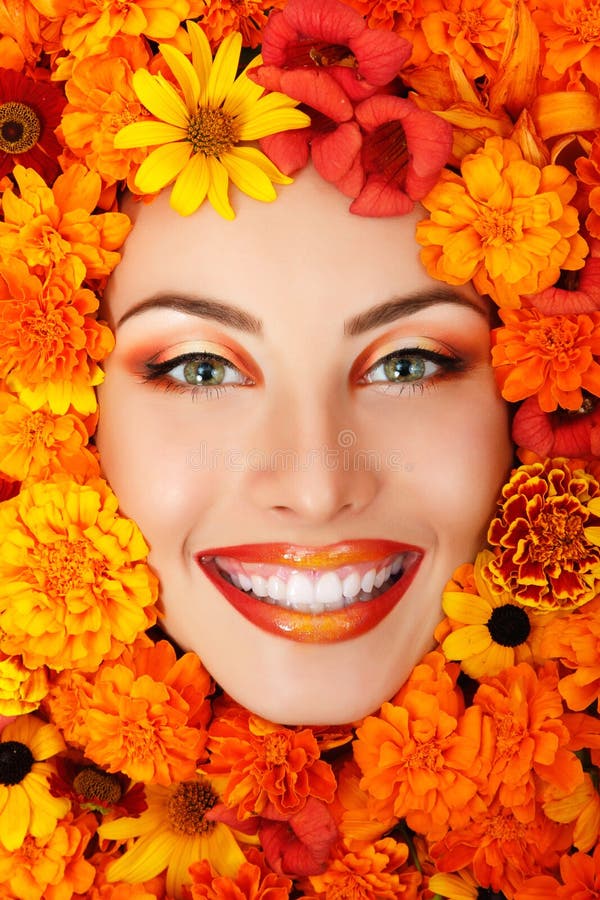 Woman Beauty Face with Orange Flowers Stock Image - Image of floral ...