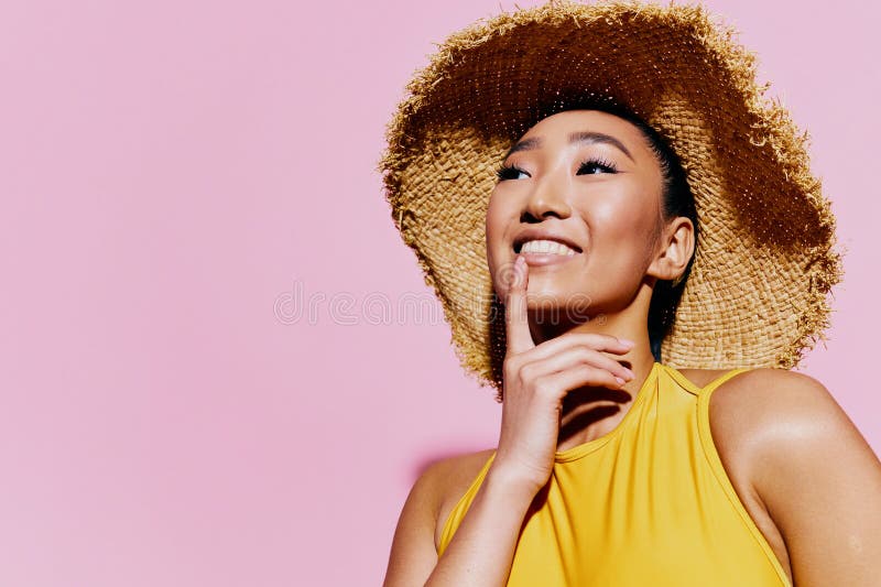 Woman Beauty Fashion Pink Trendy Smile Swimsuit Yellow Portrait Summer