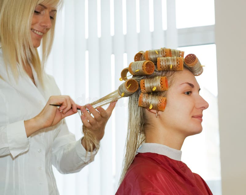 Hairdressers Setting Up Client S Hair in Salon Stock Image - Image of ...