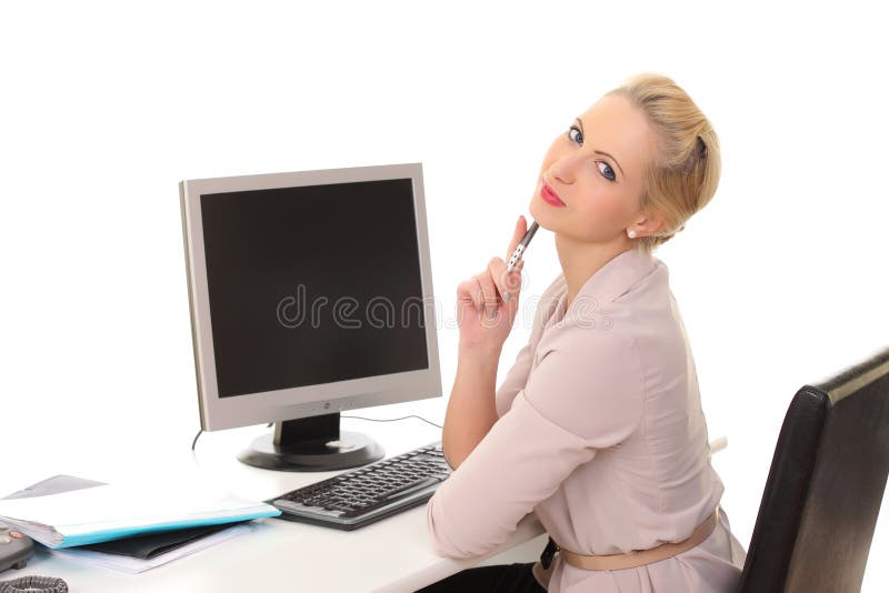 Woman Behind a Desk with a Computer Stock Photo - Image of computer ...