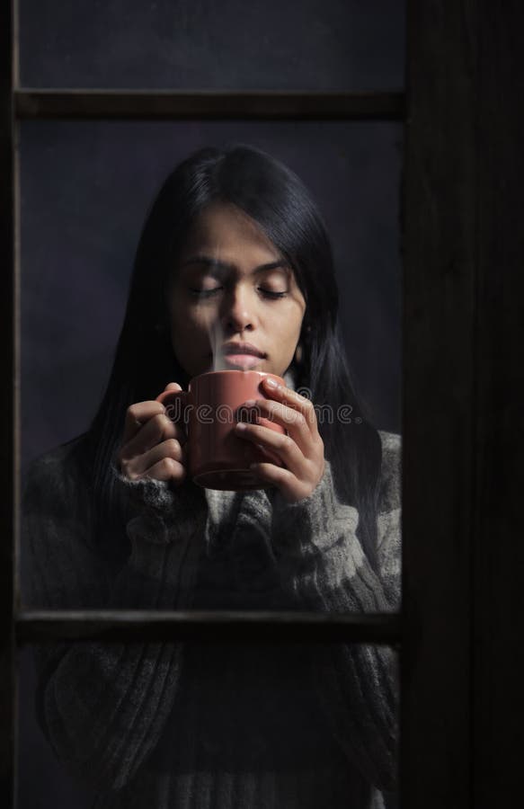 Beautiful Woman Behind Window with a Cup of Coffee Stock Image - Image ...