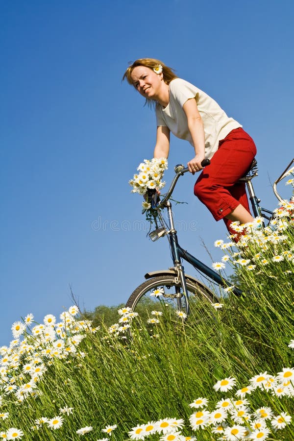 Woman with Bicycle among Spring Flowers Stock Image - Image of outdoors ...
