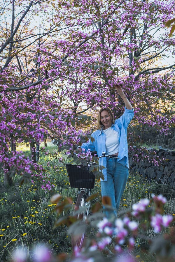 Woman Bicycle Standing Blooming Cherry Trees Spring Garden Stock Photos ...