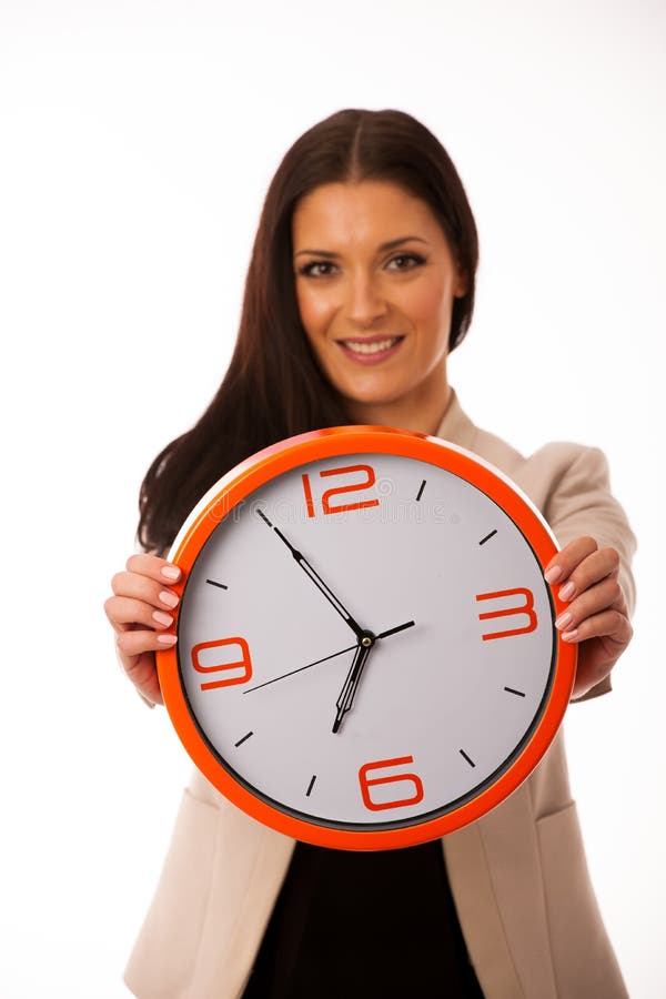 Woman with Big Clock Smiling Prepared on Time. Stock Photo - Image of ...