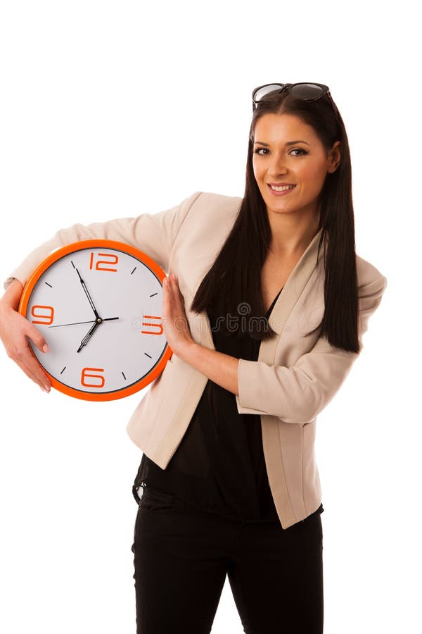Woman with Big Clock Smiling Prepared on Time. Stock Image - Image of ...