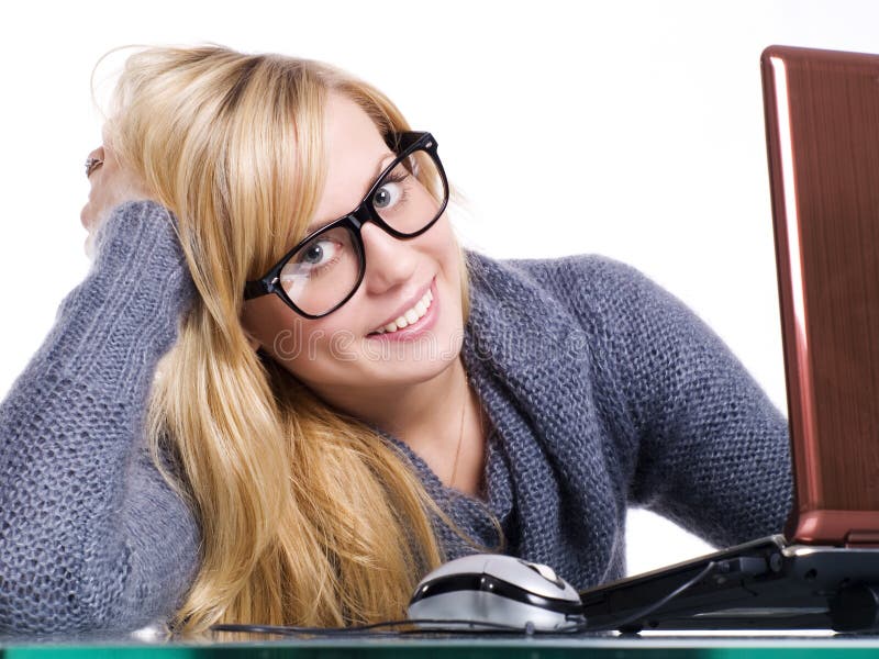 Woman with Big Glasses and Computer in Office Stock Image - Image of ...