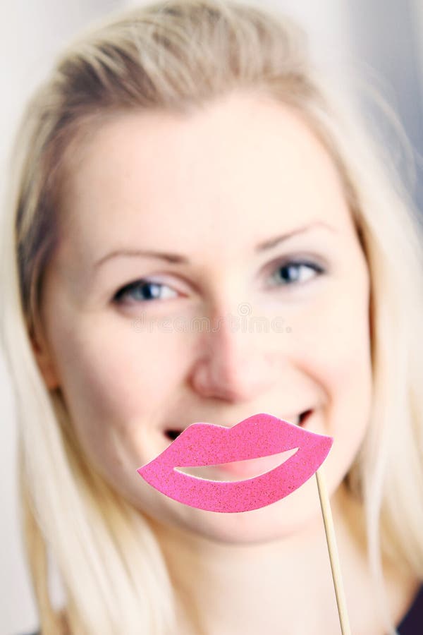 Woman with Big Paper Lips in Front of Her Mouth Stock Image - Image of ...