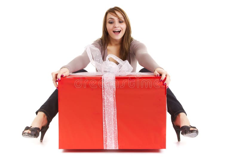 Woman big present stock image. Image of happy, receiving - 17434349