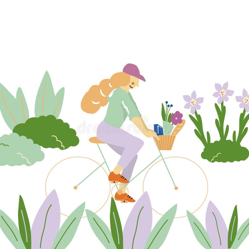 Woman Biking in the Park Vector Illustration. Digital Illustration ...