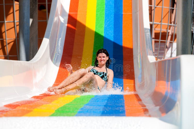 Woman In Bikini Sliding Water Park Stock Image Image Of Happy