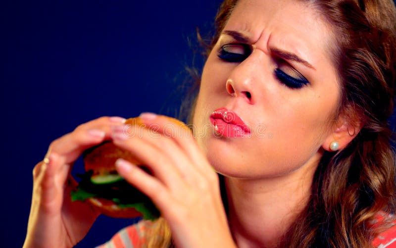 Woman Bite Hamburger Fast Food. Stock Photo - Image of danger, happy ...