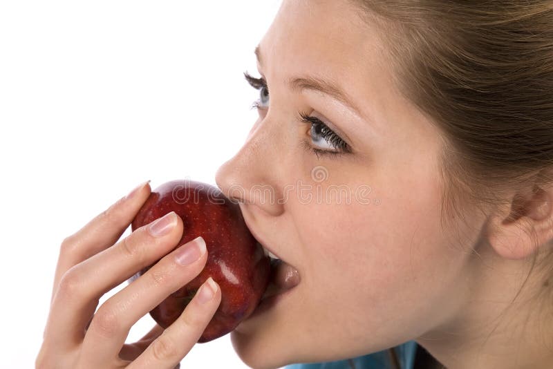Woman biting apple stock image. Image of mouth, happy - 12198681