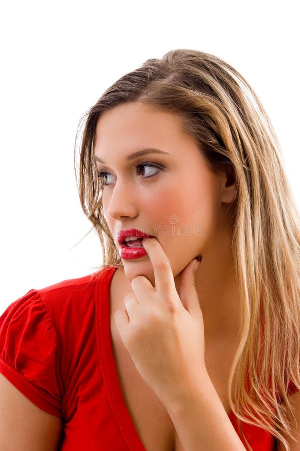 Woman Biting Her Finger and Looking Sideways Stock Photo - Image of ...