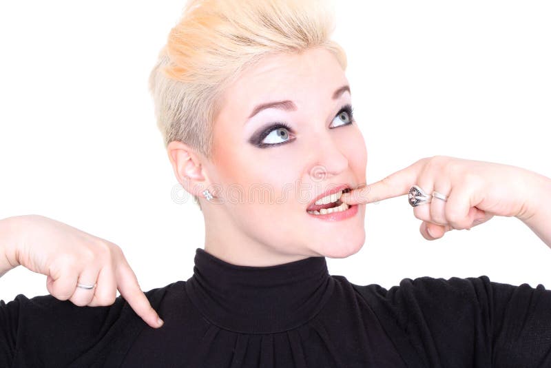 Woman in Black Biting Her Finger Stock Photo - Image of bite, glamour ...