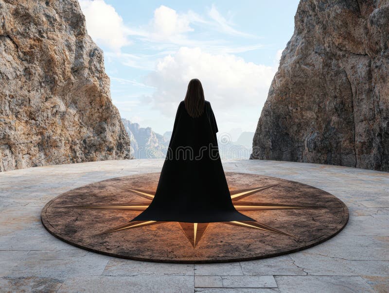 Woman in Black Cloak Stands on a Compass Rose Overlooking a Mountain ...