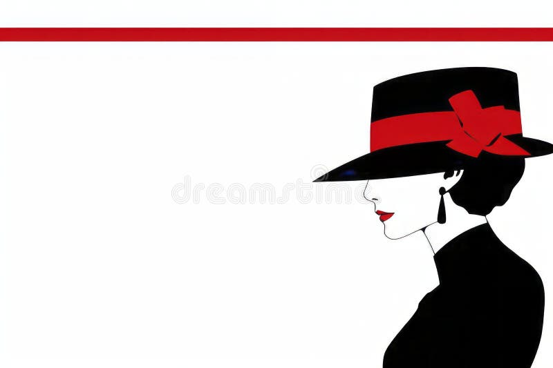 A Woman in a Black Hat and Red Ribbon Stock Illustration - Illustration ...