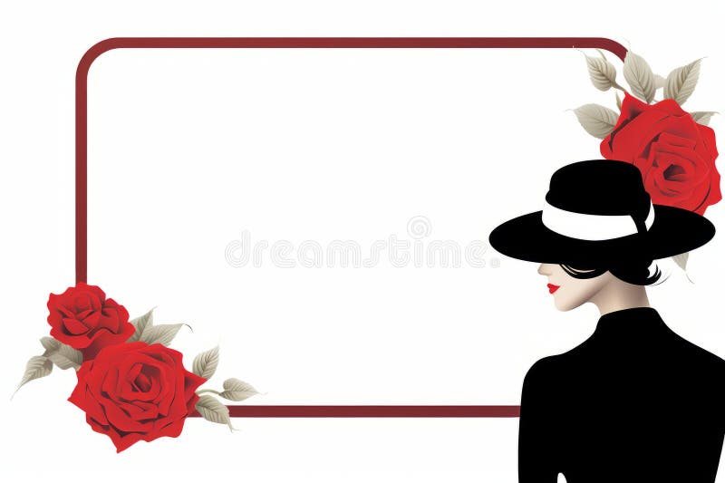 A Woman in a Black Hat and Red Roses on a White Background Stock ...