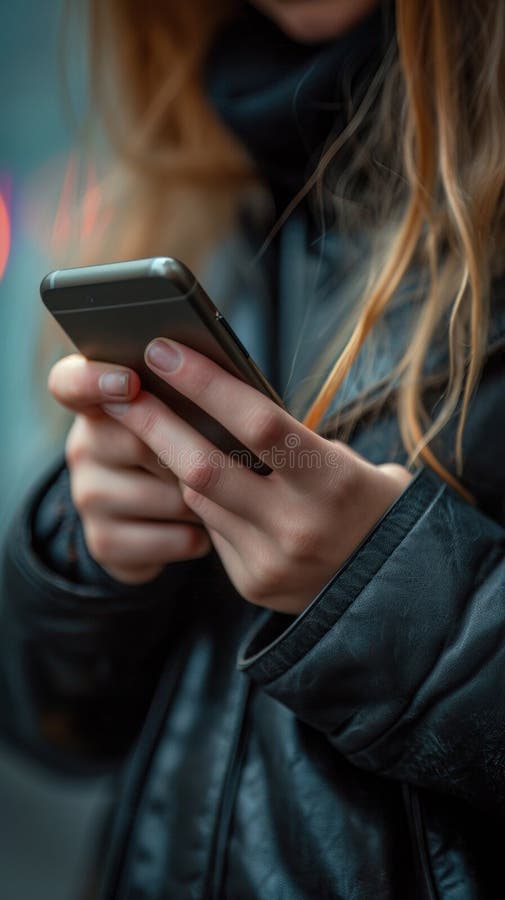A Woman in a Black Jacket Holding Her Cell Phone, AI Stock Image ...