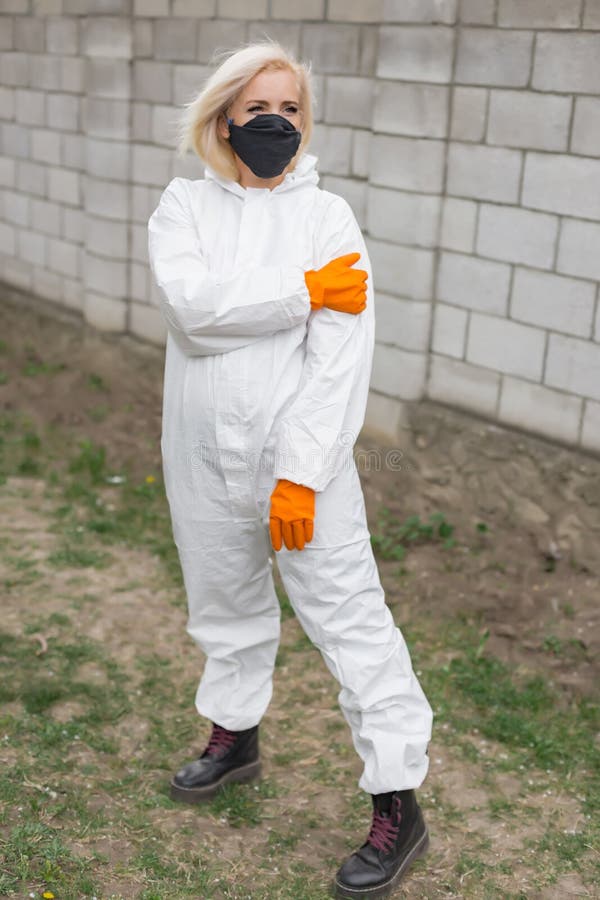 Woman in Mask, White Protective Suit and Gloves Stock Image - Image of ...